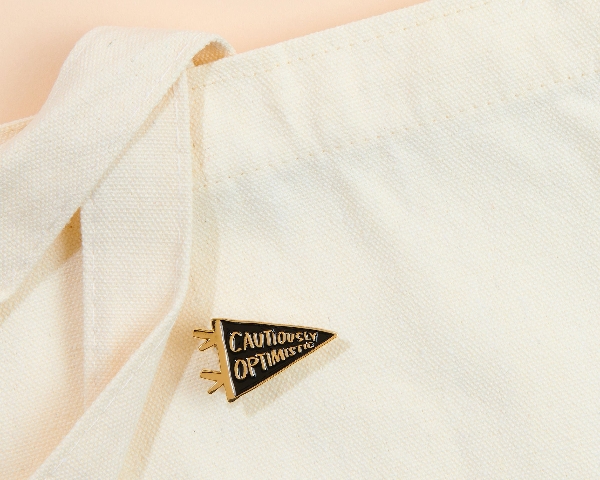 Cautiously Optimistic Flag Pennant Enamel Lapel Pin – And Here We Are
